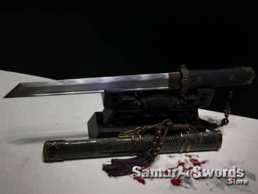 Straight Tanto T10 Folded Clay Tempered Steel with Full Black Ray Skin ...